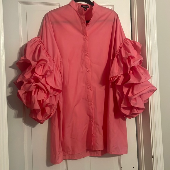 beulah style | Tops | Pink Button Up Shirt Dress With Ruffle Sleeves ...